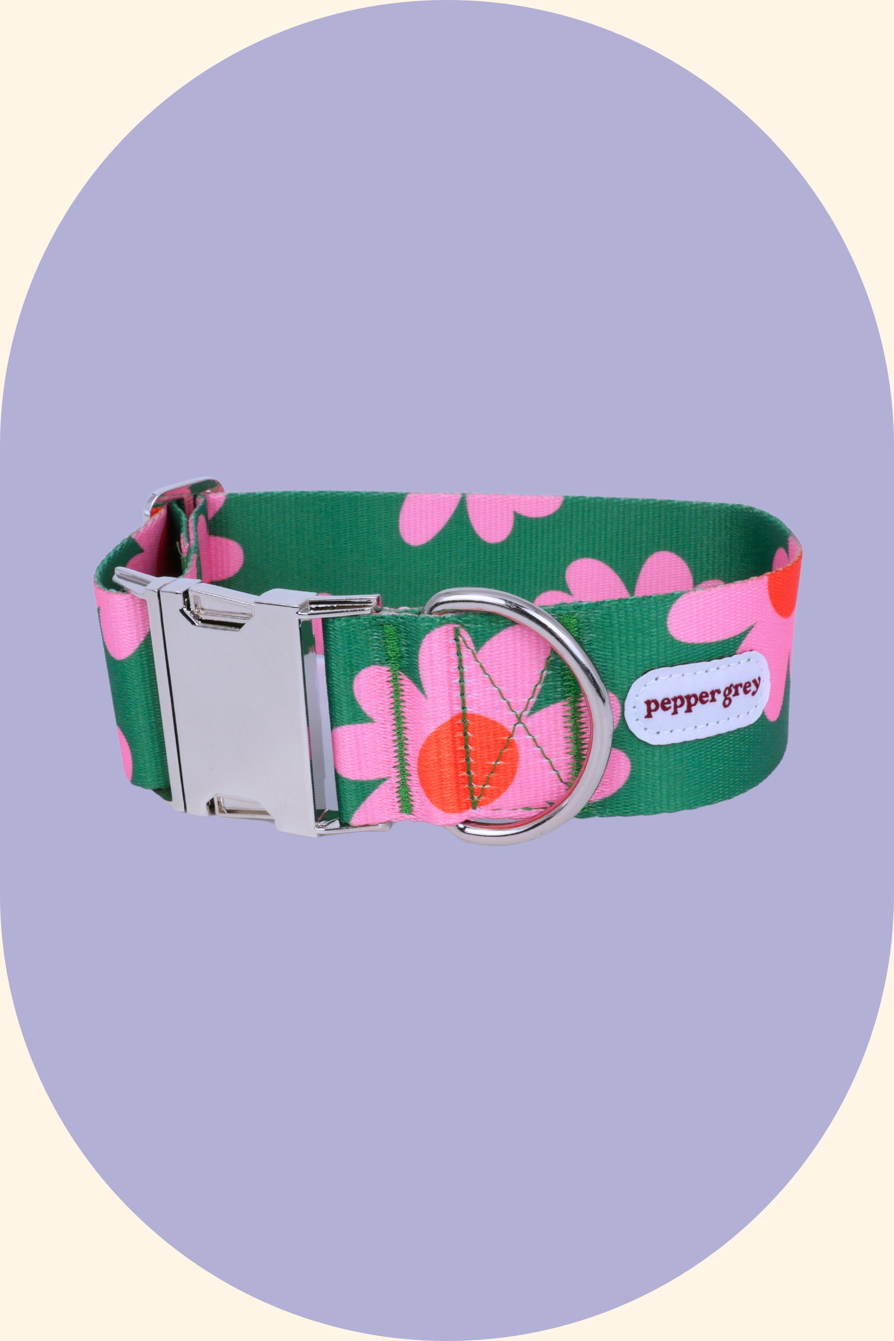 Summer Flowers Wide Dog Collar with Buckle – Pepper Grey